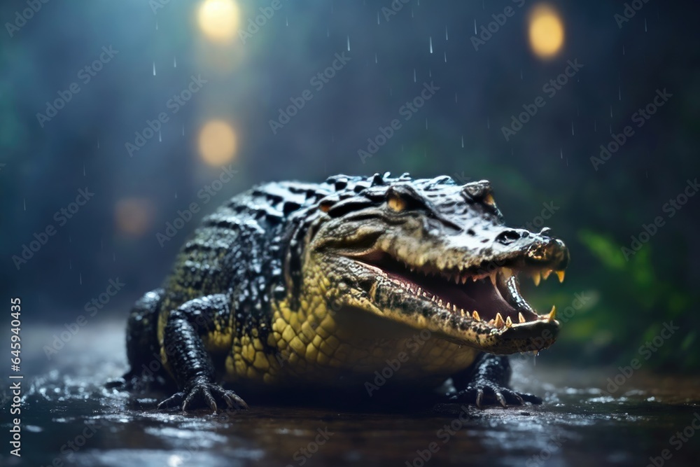 A crocodile with its mouth open in the rain contrast. ai generative ...