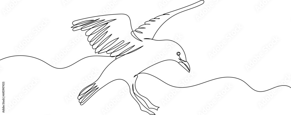 flying seagull continuous line drawing, sketch on white background ...