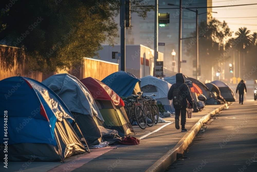 A city with tents and garbage. There are poor homeless people ...