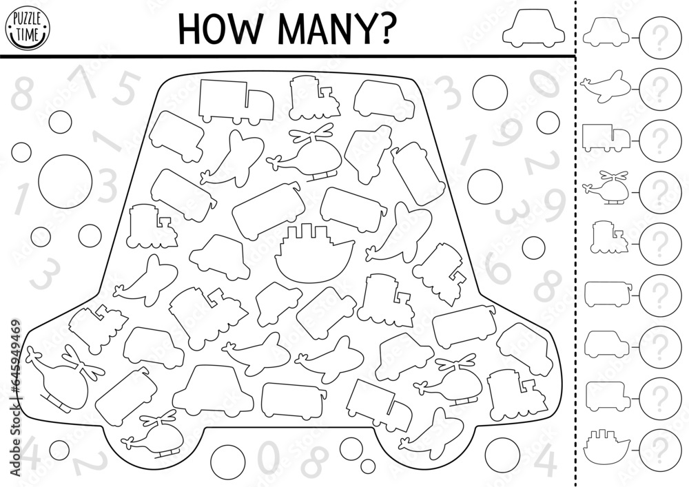Transportation I spy black and white game for kids in vehicles shape ...