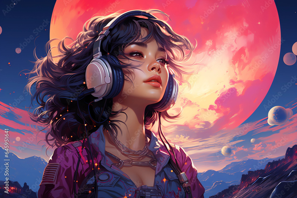 Lofi girl with headphones illustration. Lofi background. Cyberpunk lofi ...