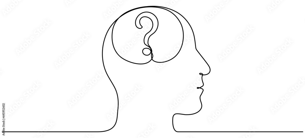 Continuous line drawing head with question mark. Thinking linear symbol ...