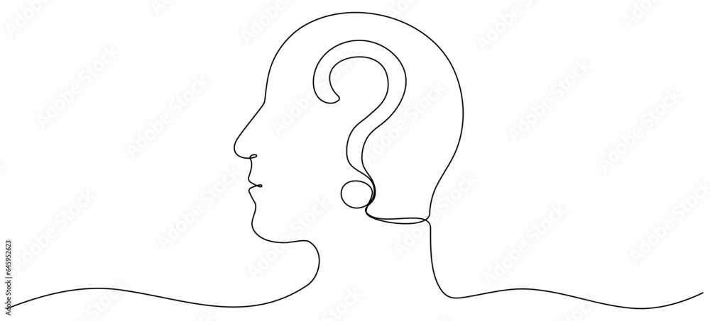Continuous line drawing head with question mark. Thinking linear symbol ...