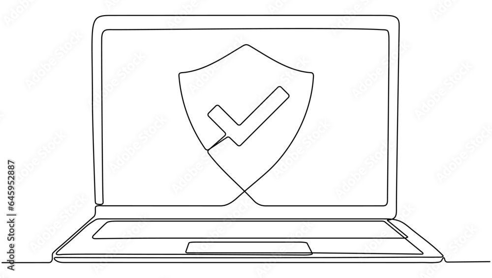 Laptop with shield and check mark continuous line drawing. Open ...