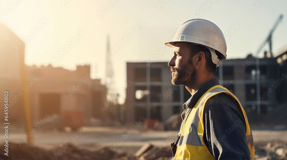 copy space, Construction worker wearing safety helmet in front of a ...