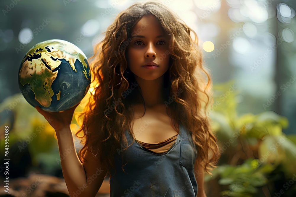 The girl holds an earth globe in her hands as a symbol of hope for the ...