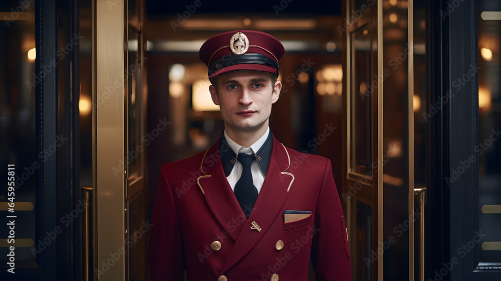 Elegant Welcome: Doorman in Maroon Uniform at Luxury Hotel Entrance ...