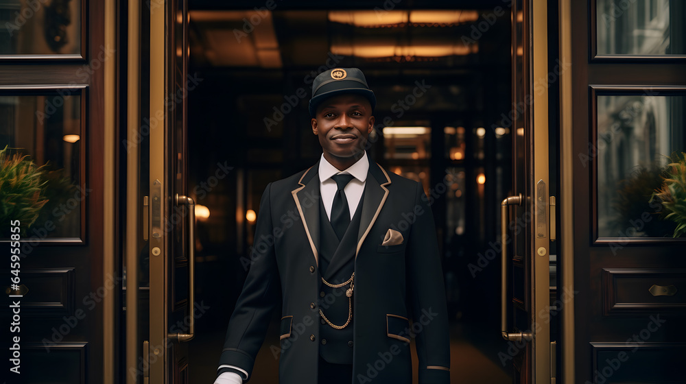 The Pinnacle of Service: Doorman in Black Uniform at Exclusive Hotel ...