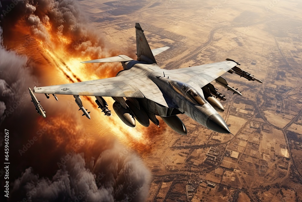 Modern fighter plane during an air battle. Fighter jet soaring through ...