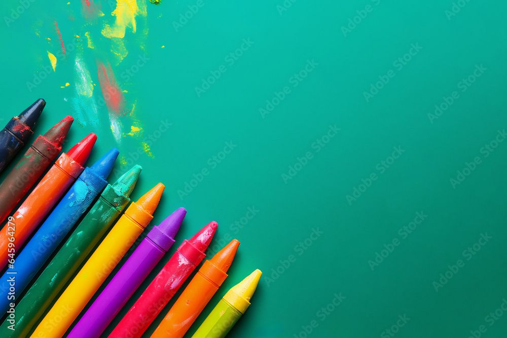 Wax crayon pencils background showing drawing materials for preschool ...