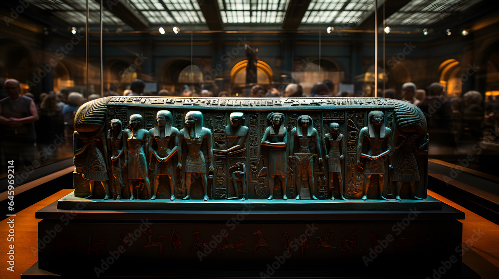 Egyptian sarcophagus in museum with hieroglyphs and ornate decorations ...
