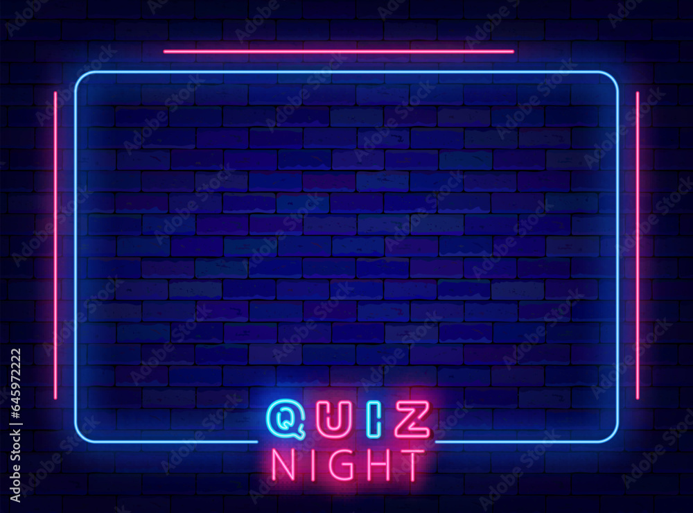 Quiz night neon flyer. Trivia time. Blue striped frame. Funny ...