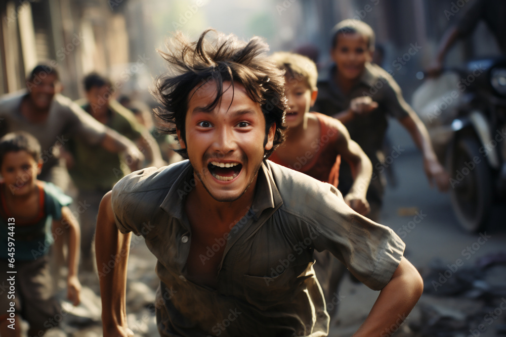 Frightened people running from earthquake with an expression of ...