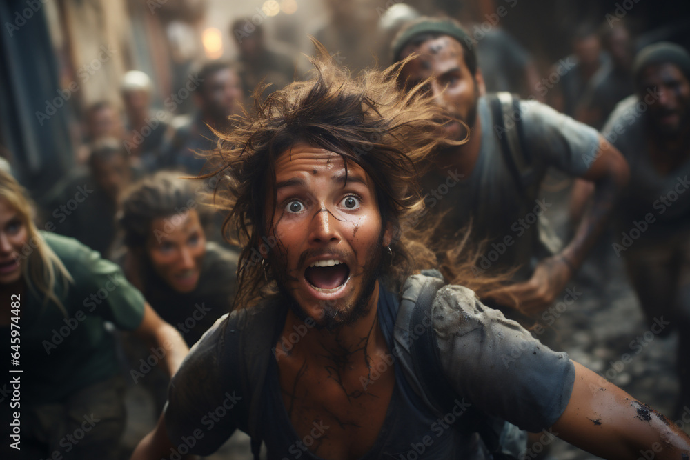Frightened people running from earthquake with an expression of ...
