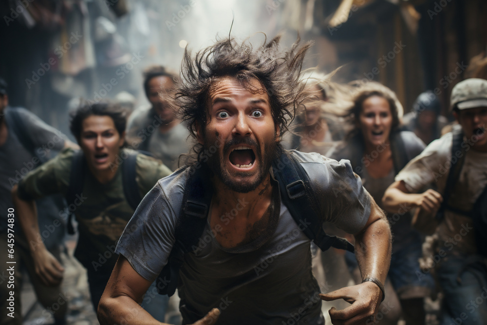 Frightened people running from earthquake with an expression of ...