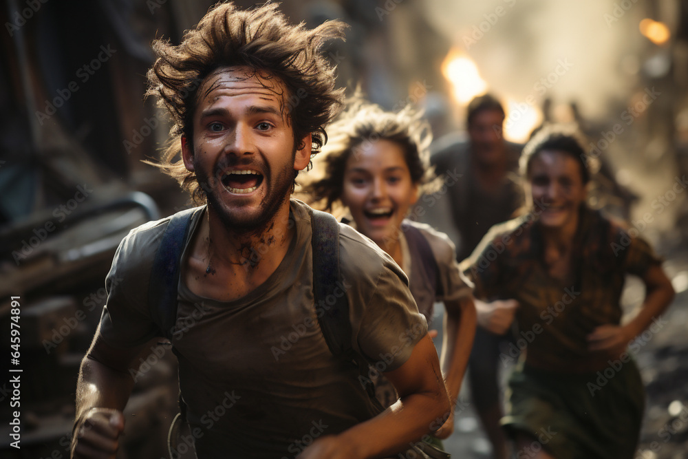 Frightened people running from earthquake with an expression of ...