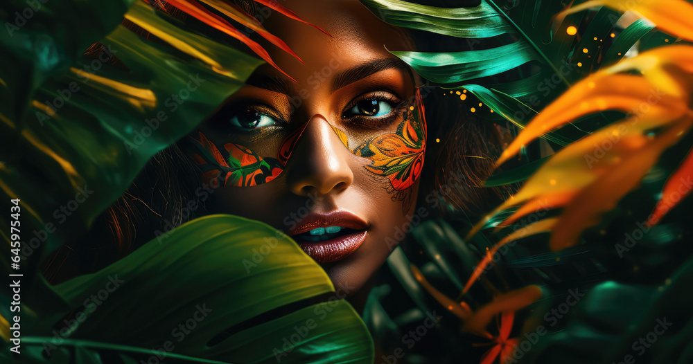 beautiful woman staring at the camera from behind a lush tropical ...
