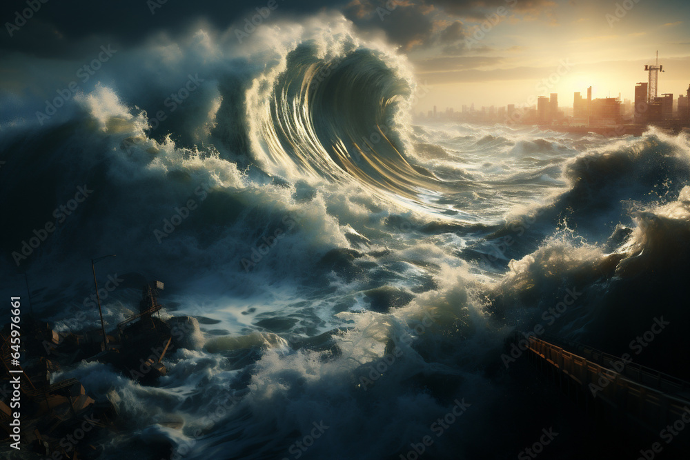 Apocalyptic dramatic background, dangerous hurricanes, giant tsunami ...