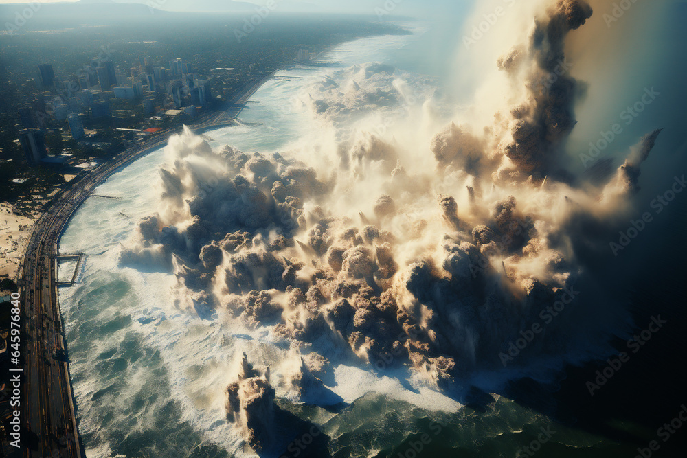 Apocalyptic dramatic background, dangerous hurricanes, giant tsunami ...