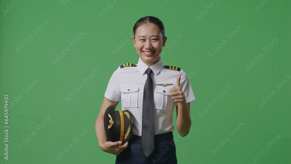 Asian Woman Pilot Smiling And Showing Thumbs Up Gesture To Camera While ...