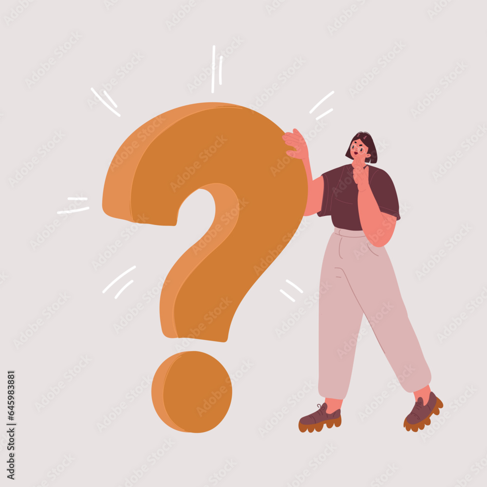 Vector illustration of question mark. Woman thinking over problem ...