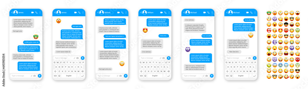 Smartphone messaging app, user interface design with emoji. SMS text ...