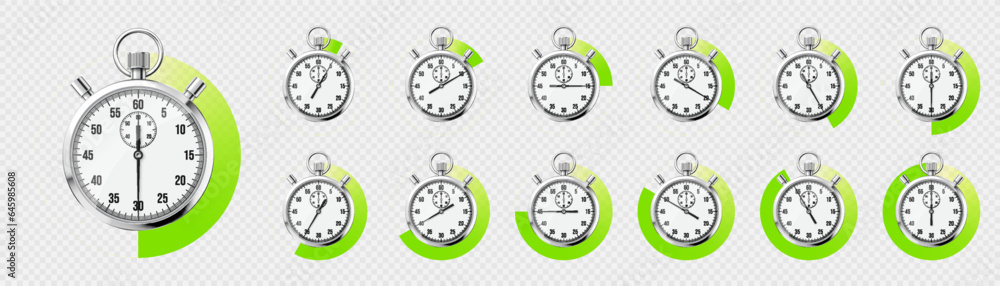 Realistic classic stopwatch. Shiny metal chronometer, time counter with ...