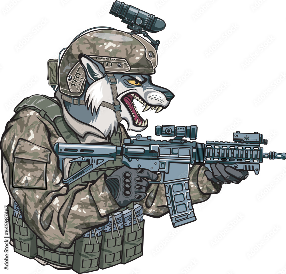 wolf in military gear and uniform holding assault rifle Stock Vector ...