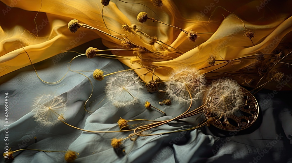 Whimsical arrangement of dandelions intertwined with golden chains and ...
