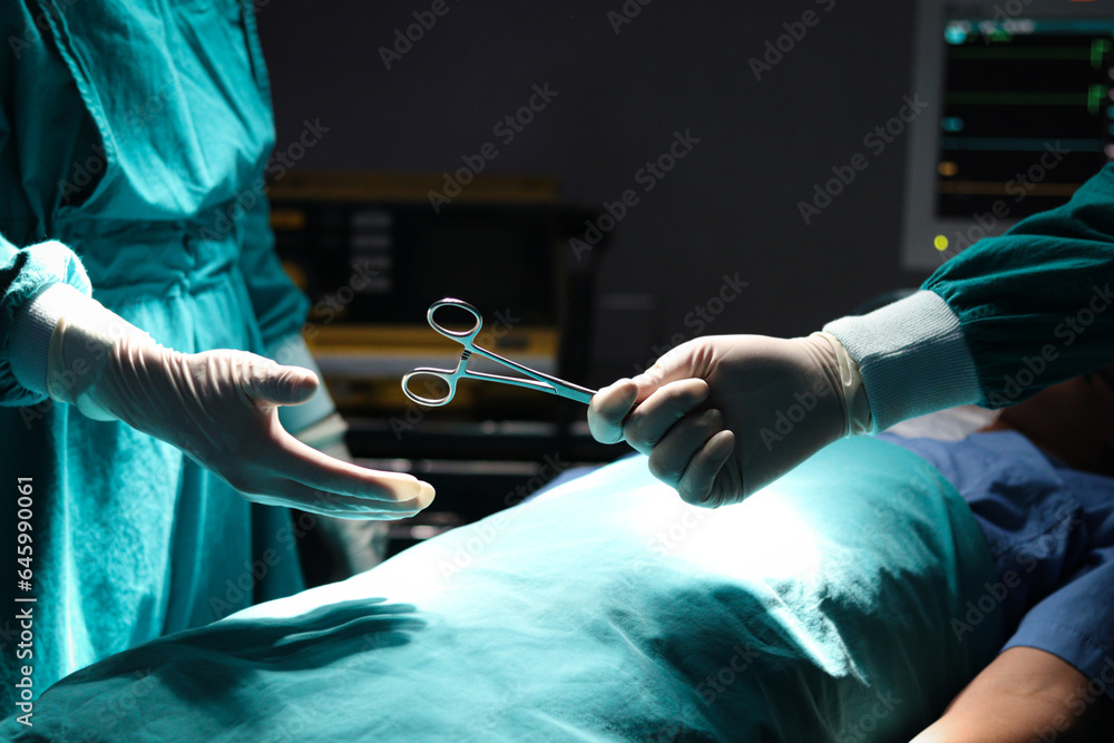 Surgeon doctor holding surgical scissors and passing surgical equipment ...