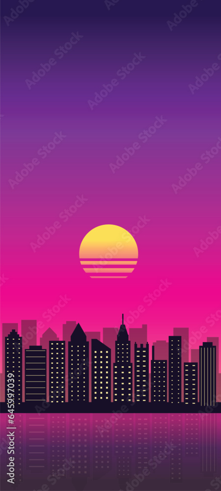 retro synthwave city skyline at night minimalist wallpaper for mobile ...