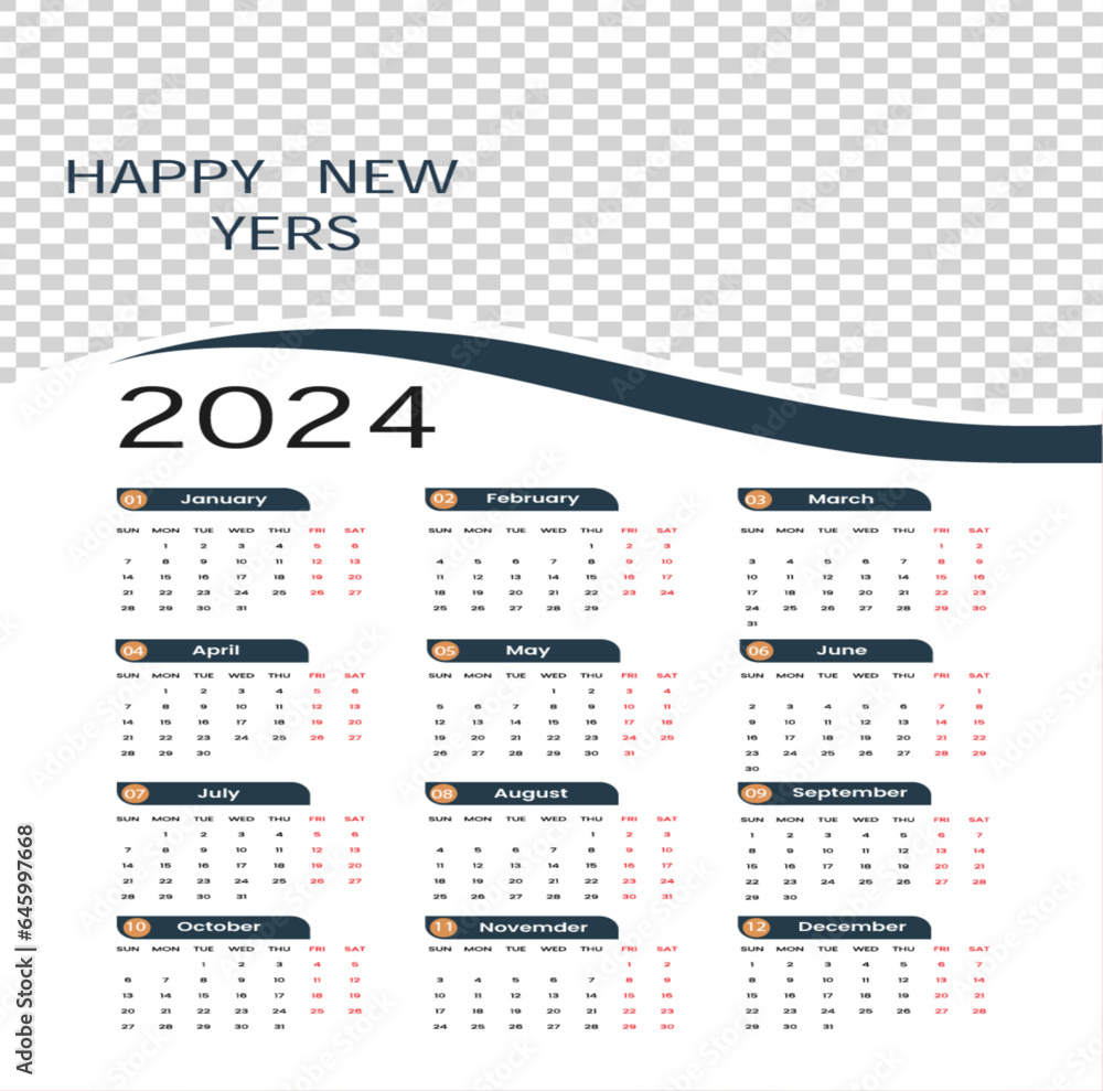 Calendar template 2024 set. Color english square calender ...