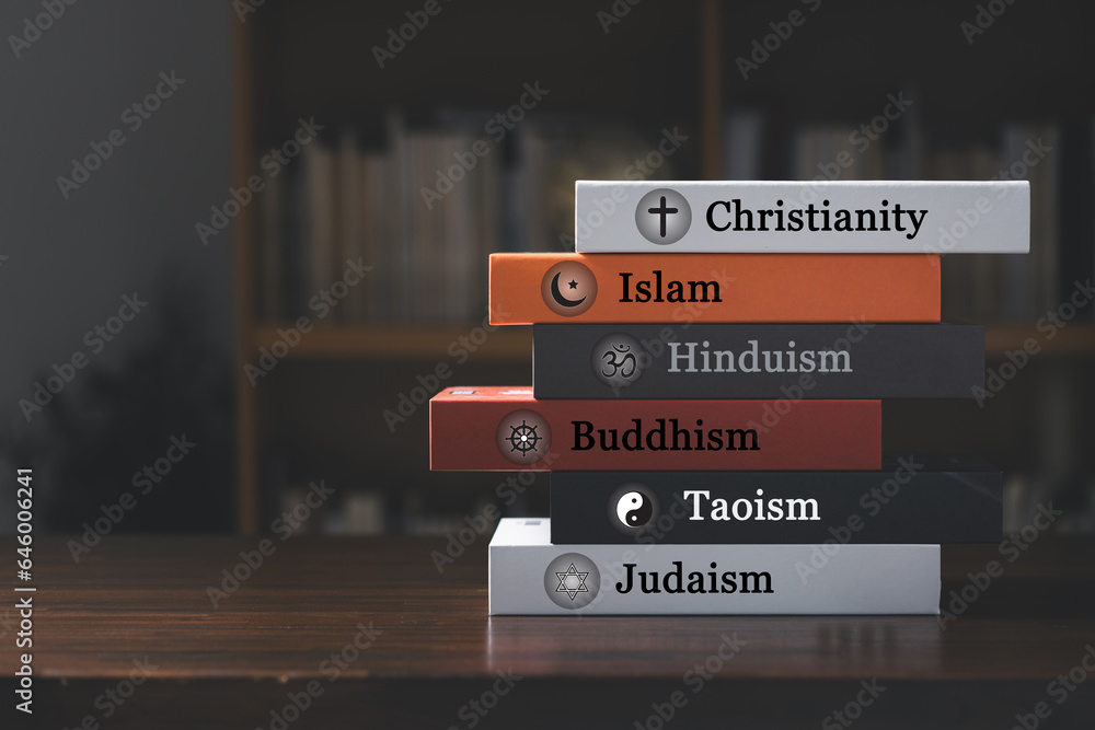 World religion symbols with english labeling on book cover. Signs of ...