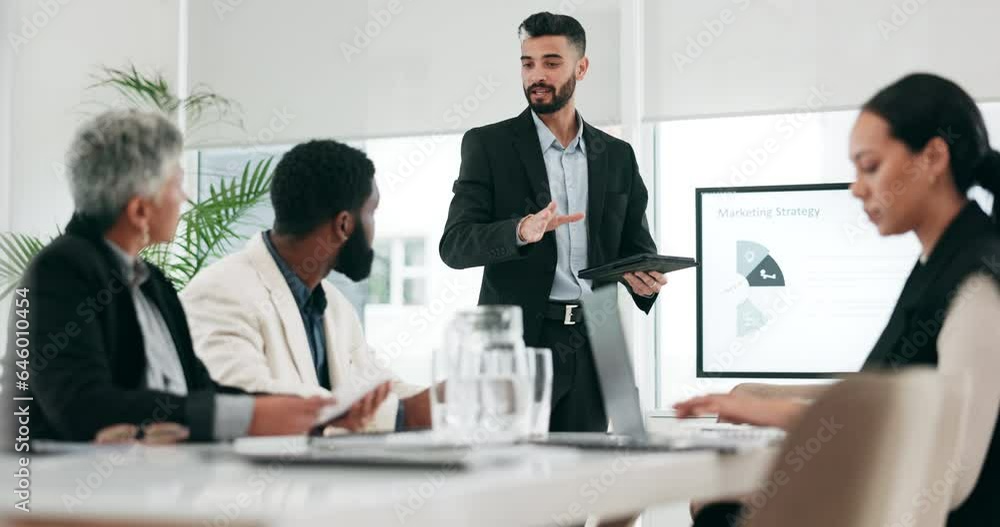 Presentation, chart and meeting with business man and tablet for ...