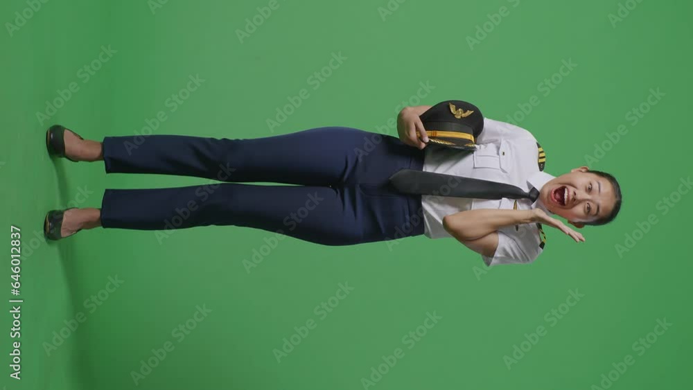 Full Body Of Asian Woman Pilot Smiling And Saying Wow While Standing In ...