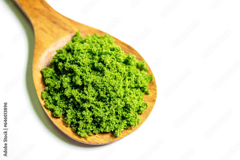 Wolffia globosa in wooden spoon isolated on white background. Wolffia ...