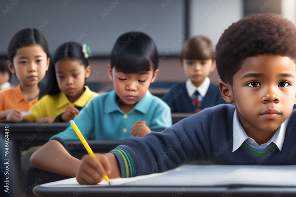 young African american boys and asian girls in classroom. education ...