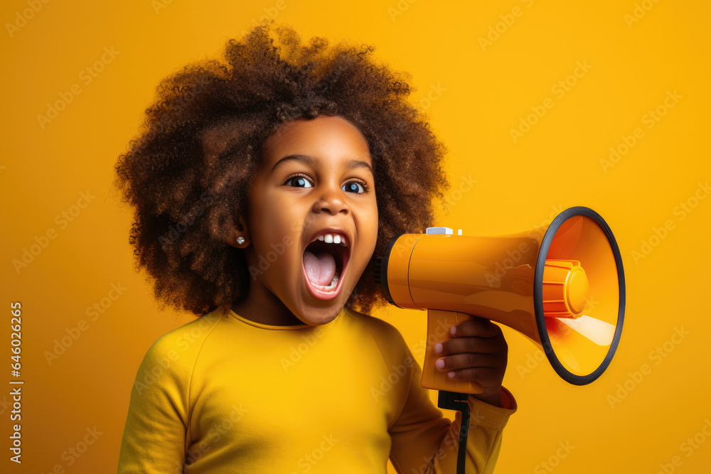 Child shouting through a megaphone: African American child with an Afro ...