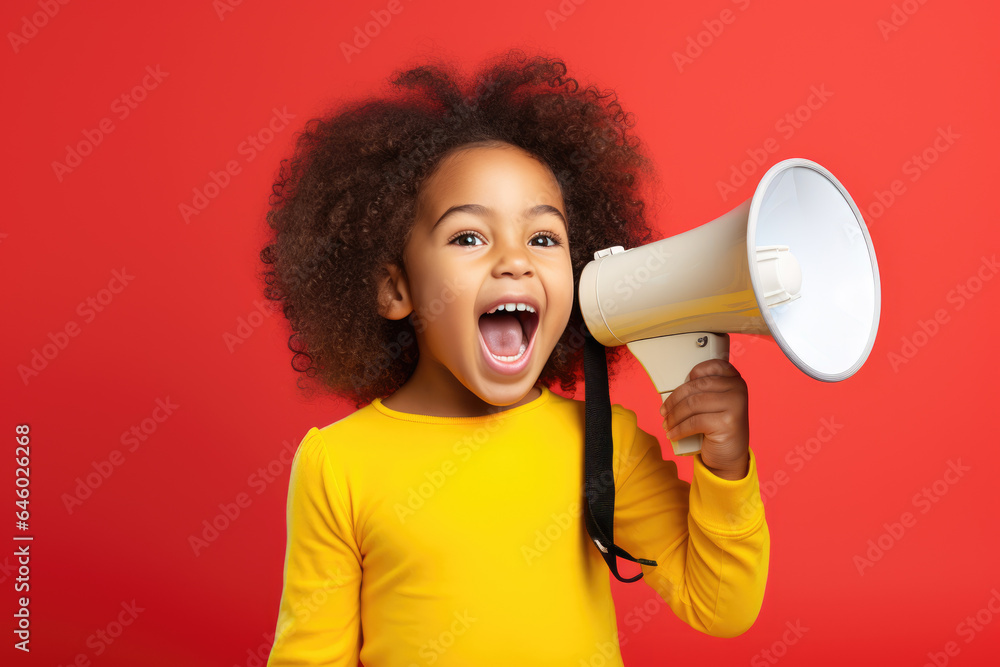 Portrait of a child shouting into a megaphone: African American child ...