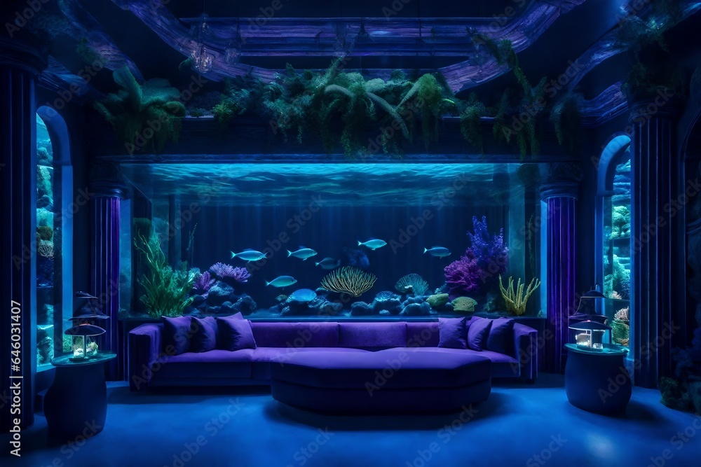 An underwater-styled interior design with marbled Greek columns and ...