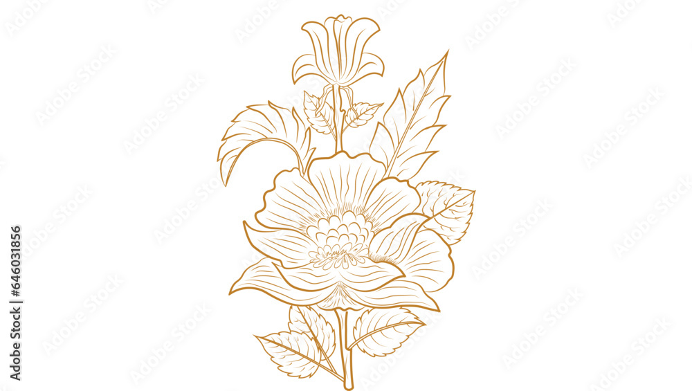 Botanical line art silhouette golden Flower design, Golden Linear ...