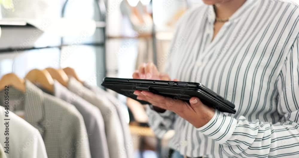 Woman, tablet and hands for clothing rack inspection, inventory or ...