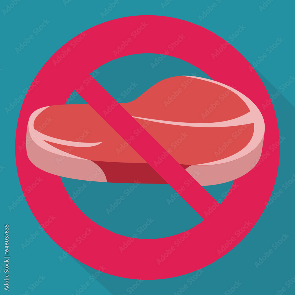 Circular prohibition symbol of a crossed out red meat steak on a blue ...