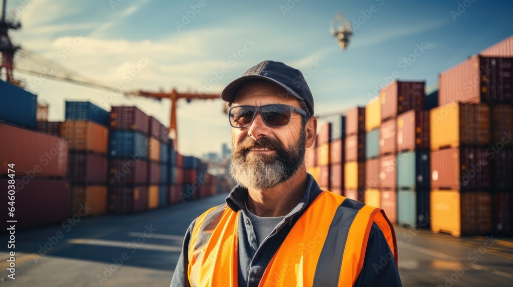 In a container yard in front of shipping containers, a logistics ...