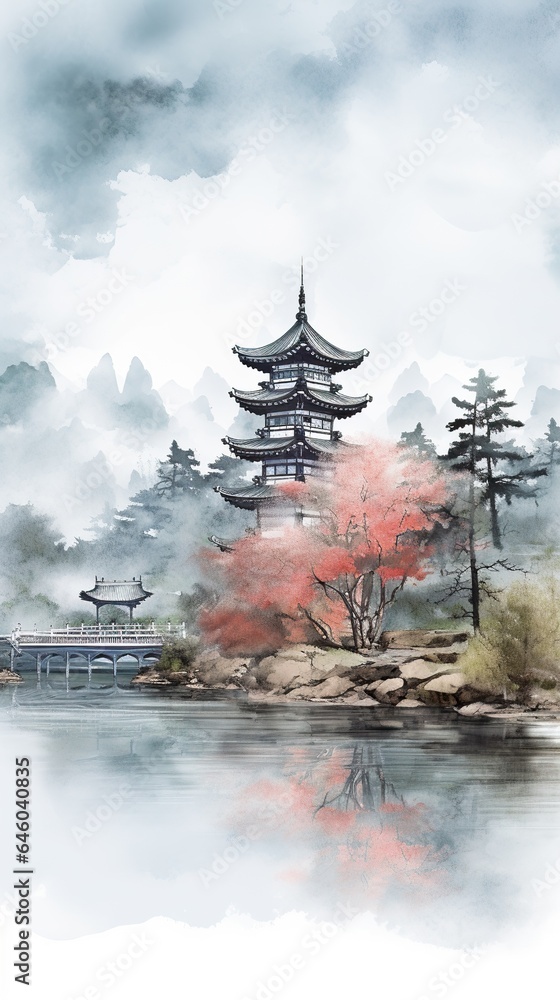 Impression Chinese painting style landscape. Asian traditional culture ...