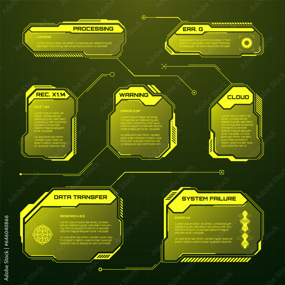 Yellow futuristic HUD, UI elements. Sci-fi user interface text boxes ...