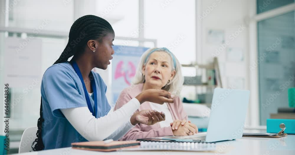 Doctor, senior woman and computer for healthcare support, hospital ...