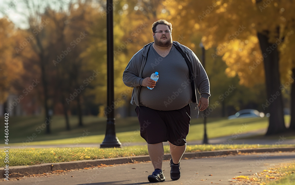 "Brisk Walking": A fat human is walking briskly in a park, maintaining ...