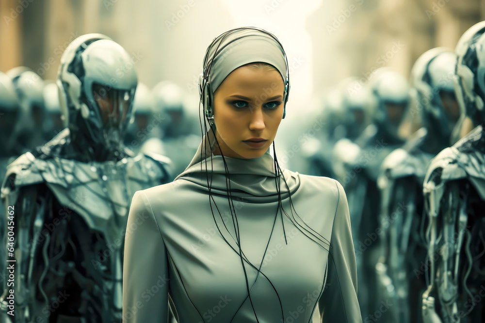 electric robot cyborg electric robot with white suit and wires in a ...