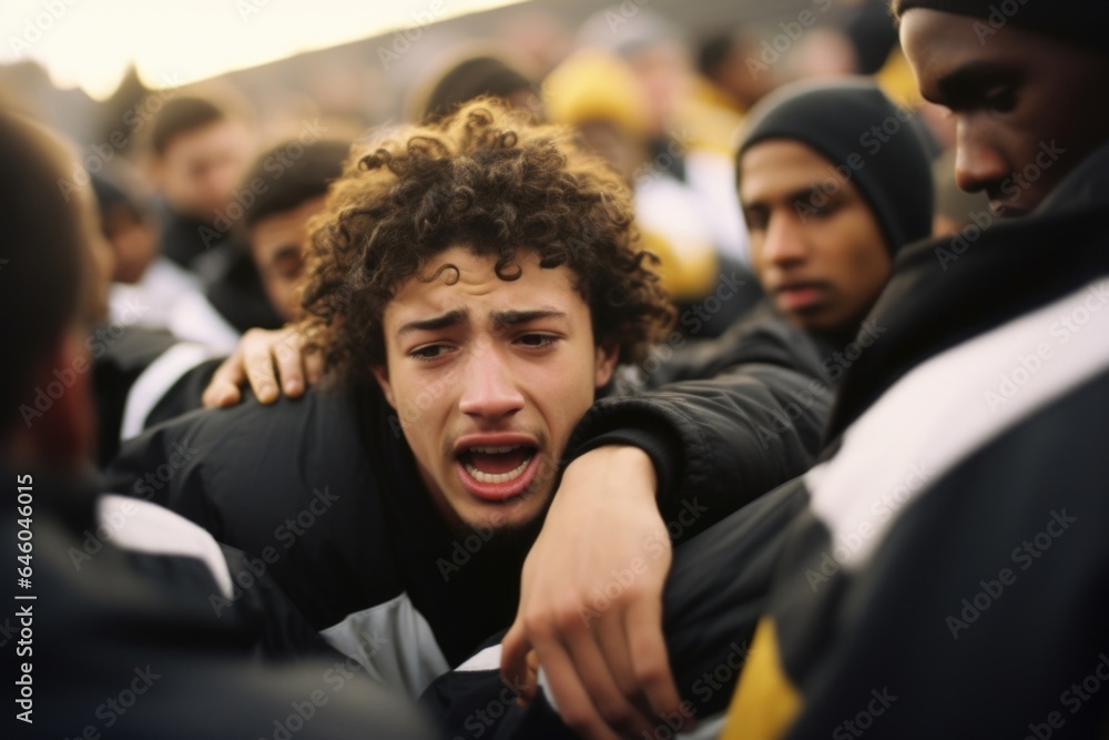 At packed sports stadium, mixedrace young adult manhandled by hooligans ...